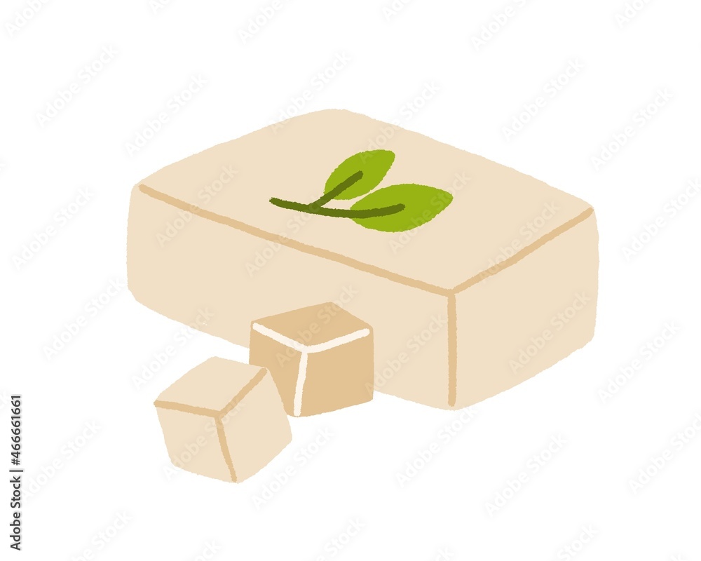 Tofu block and its cut cube pieces. Whole bar of feta cheese served ...
