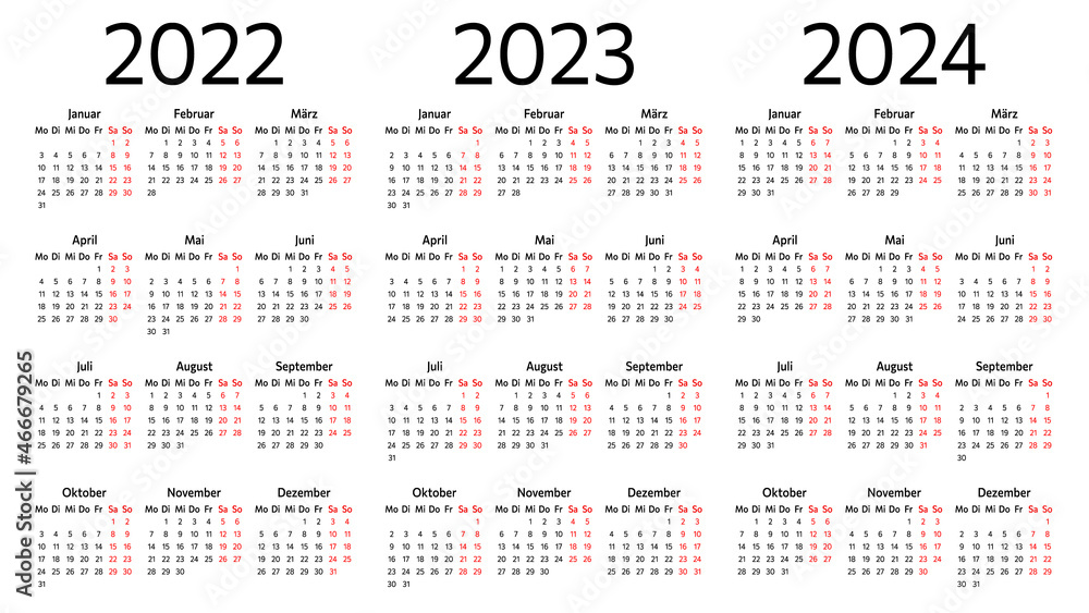 German calendars set for 2022, 2023, 2024. Week starts on Monday ...