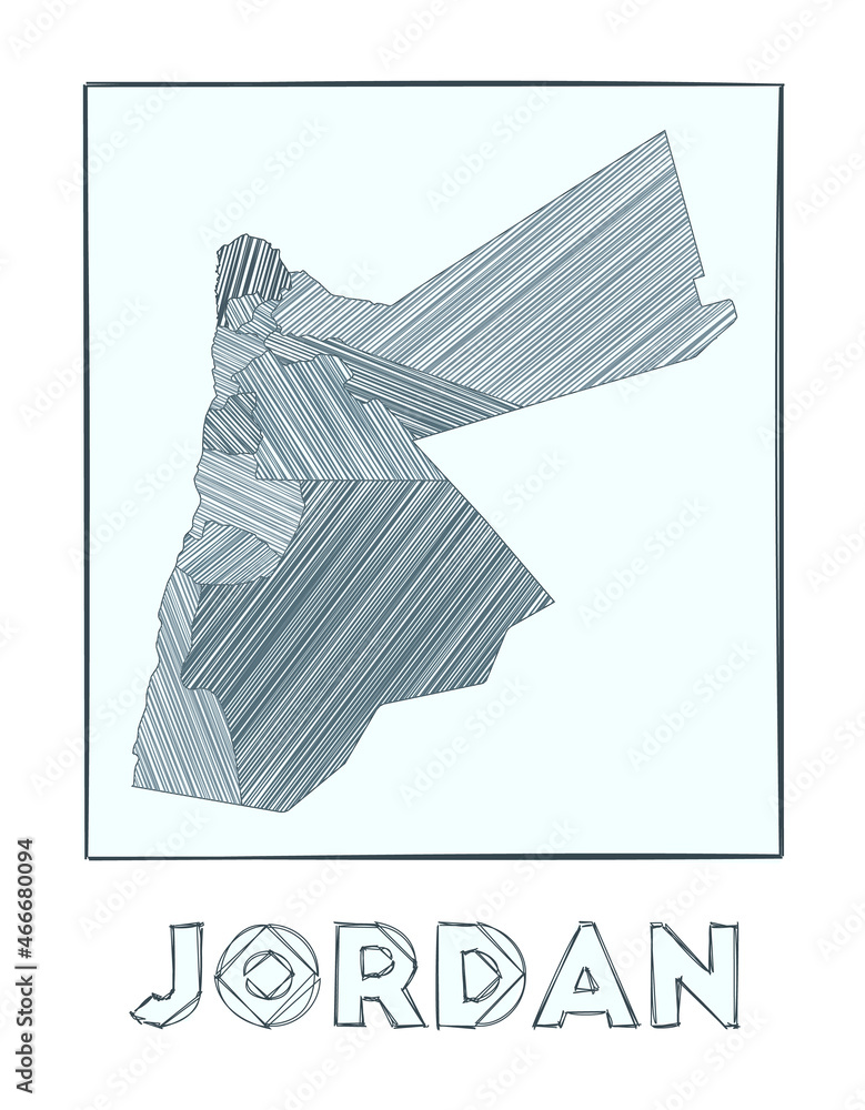 Grayscale hand drawn map of Jordan. Filled regions with hachure stripes ...