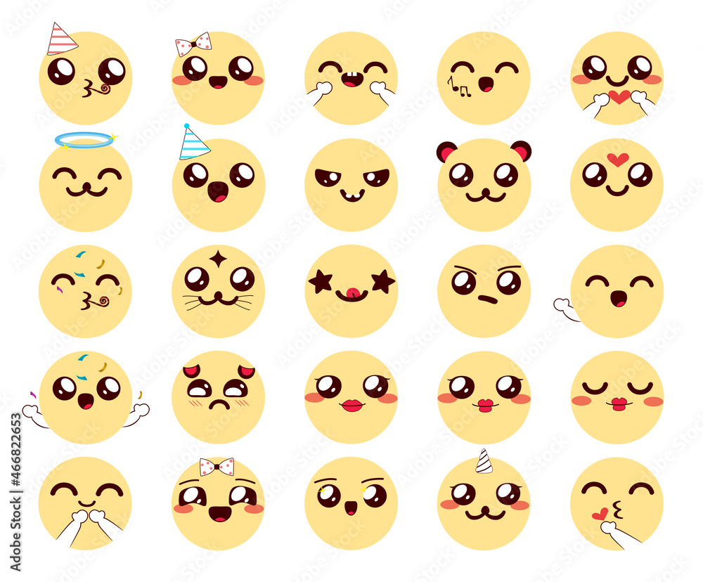 Smileys chibi characters vector set. Kawaii emojis collection with cute ...