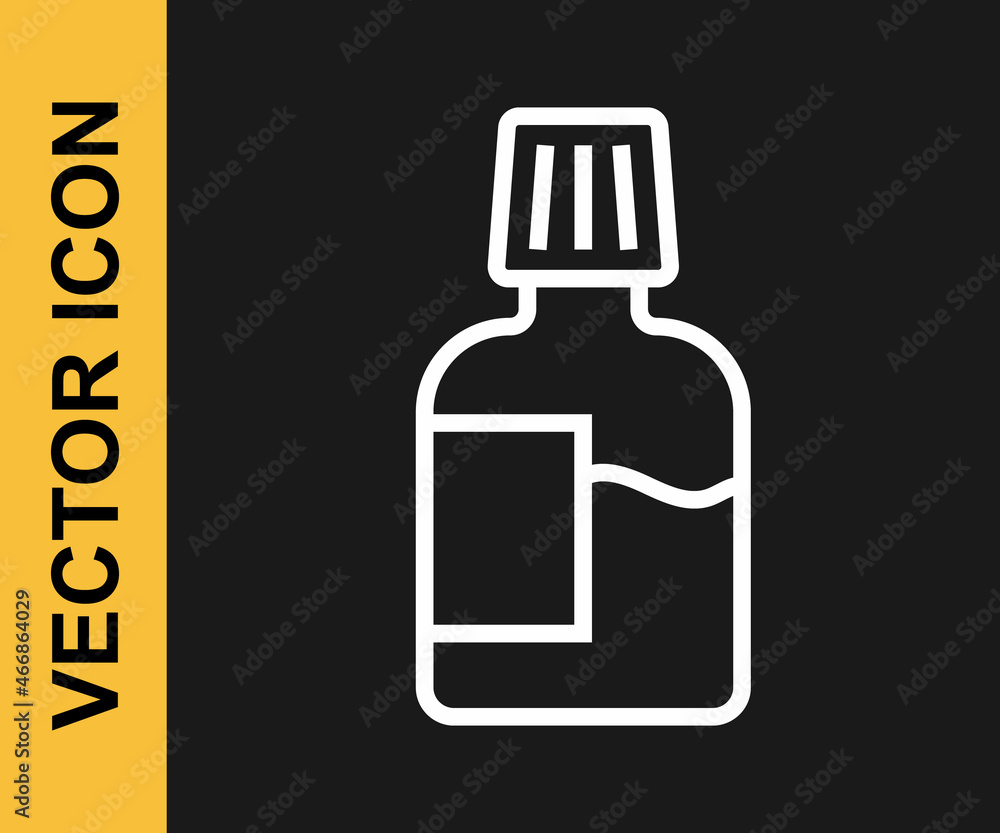 White line Mouthwash plastic bottle icon isolated on black background ...