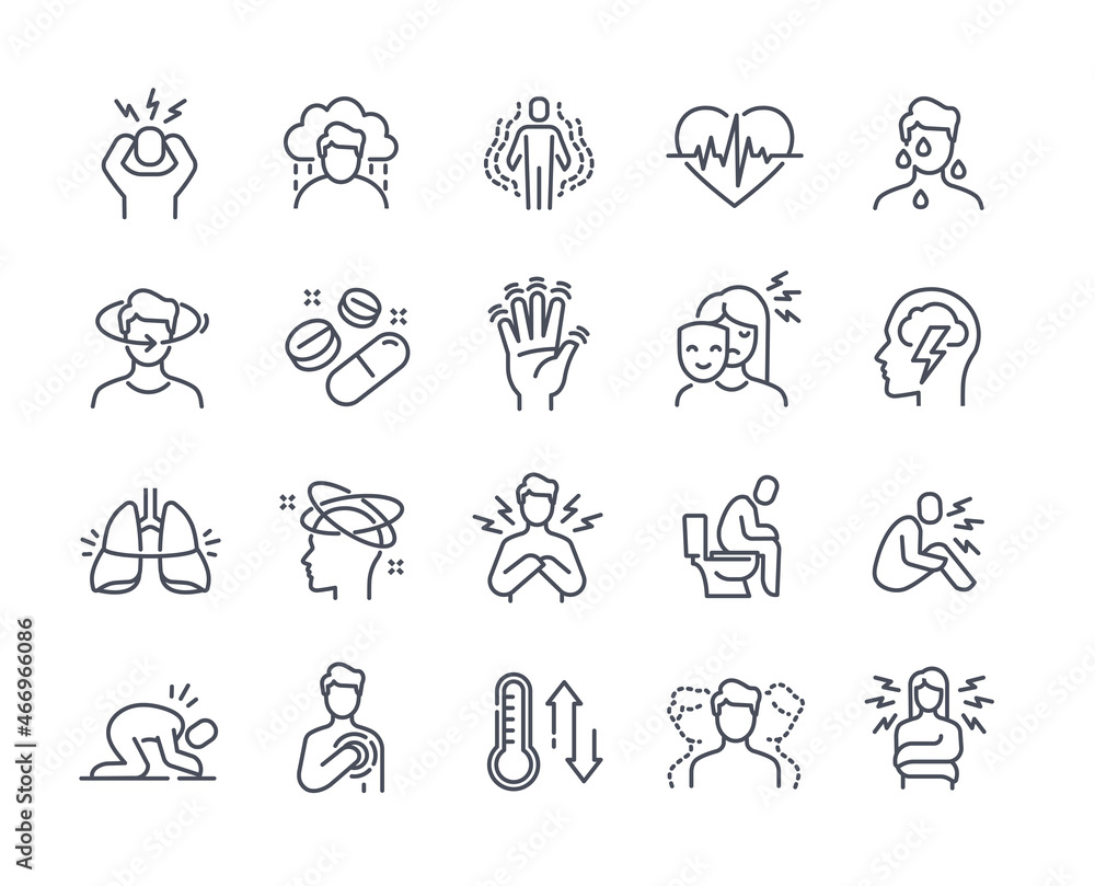 Panic disorder icon set. Thin simple stickers with people with ...