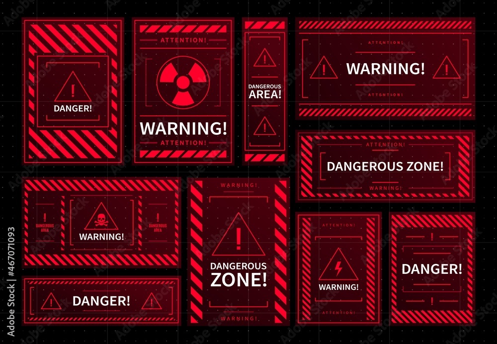 Danger and dangerous zone warning red frames. Vector HUD interface ...