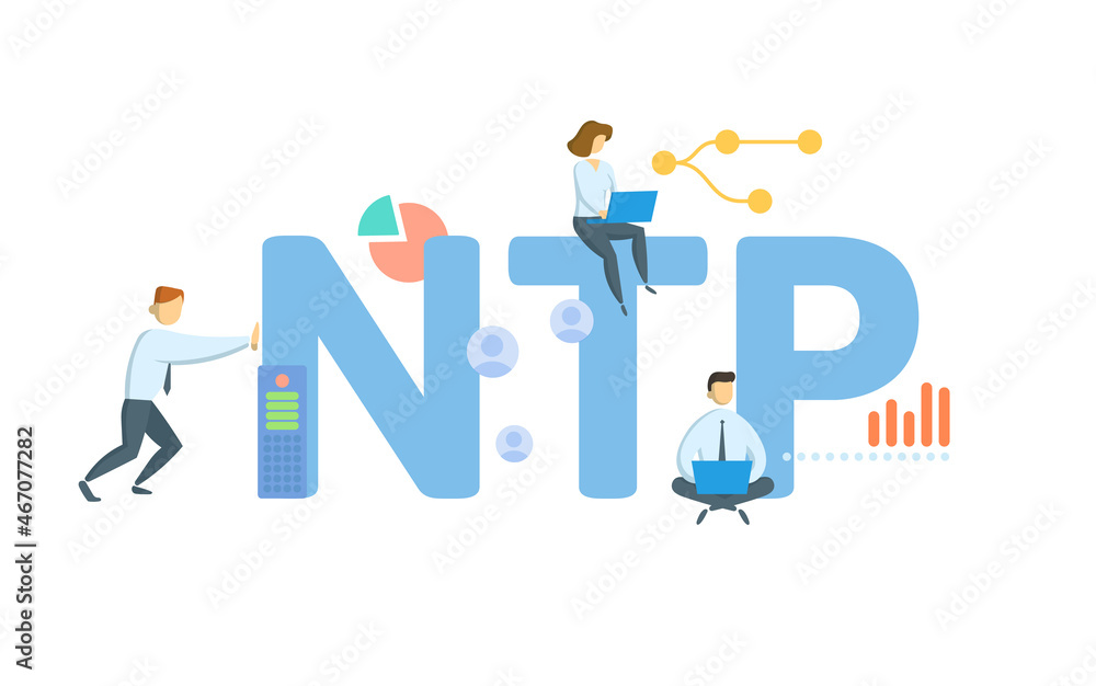 NTP, Network Time Protocol. Concept with keyword, people and icons ...