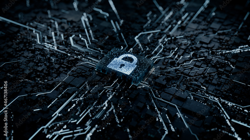 Security Technology Concept With Lock Symbol On A Microchip Data Flows From The Cpu Across A