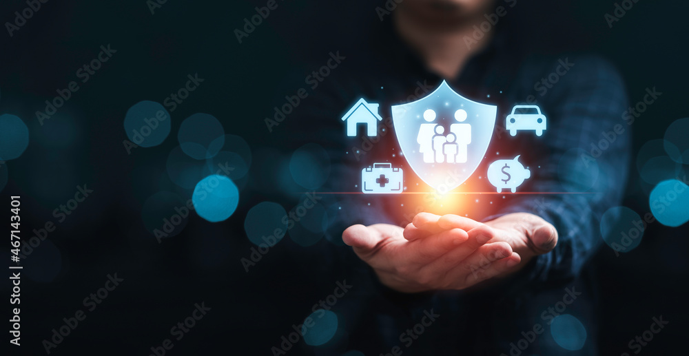 Businessman holding and giving insurance and assurance icon including ...