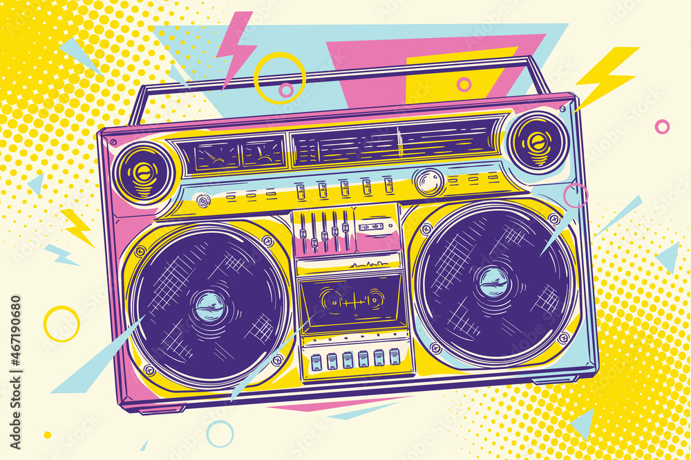 Music design - funky colorful drawn boom box tape recorder Stock Vector ...
