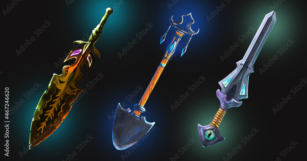 A set of fantasy magic items. Elven sword, necromancer shovel, demonic ...