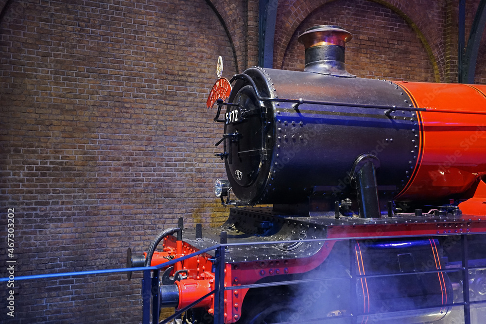 Details and decoration of Hogwarts Express steam train and platform at ...
