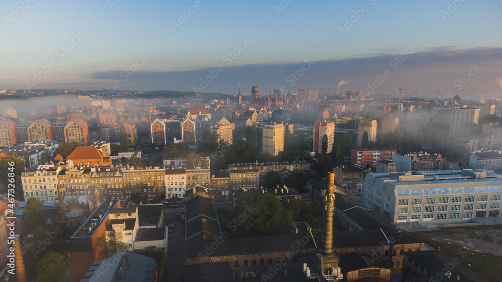 Aerial view of the Lower Town in Gdansk. Light fog and autumn climate ...