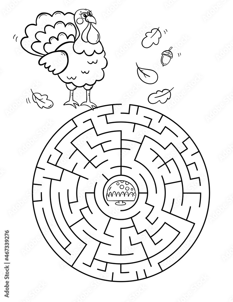 Simple Thanksgiving maze with turkey for kids. Coloring page for kids ...