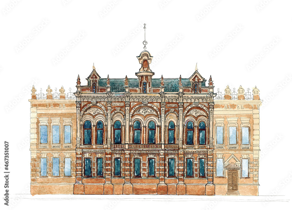 Watercolor hand drawn sketch illustration of old mansion with columns ...