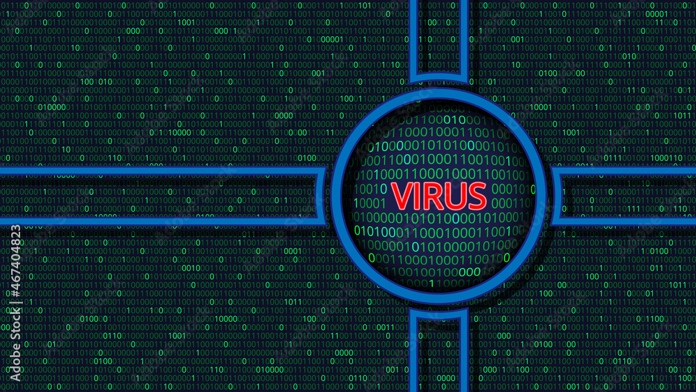 Virus detected alert message. Scanning computer virus inside binary code. Template for concept ...