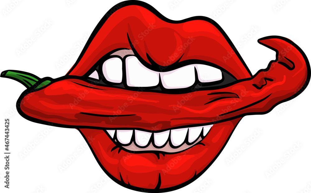 Sexy lips with red hot chili. Pop art mouth biting spices. Isolated ...