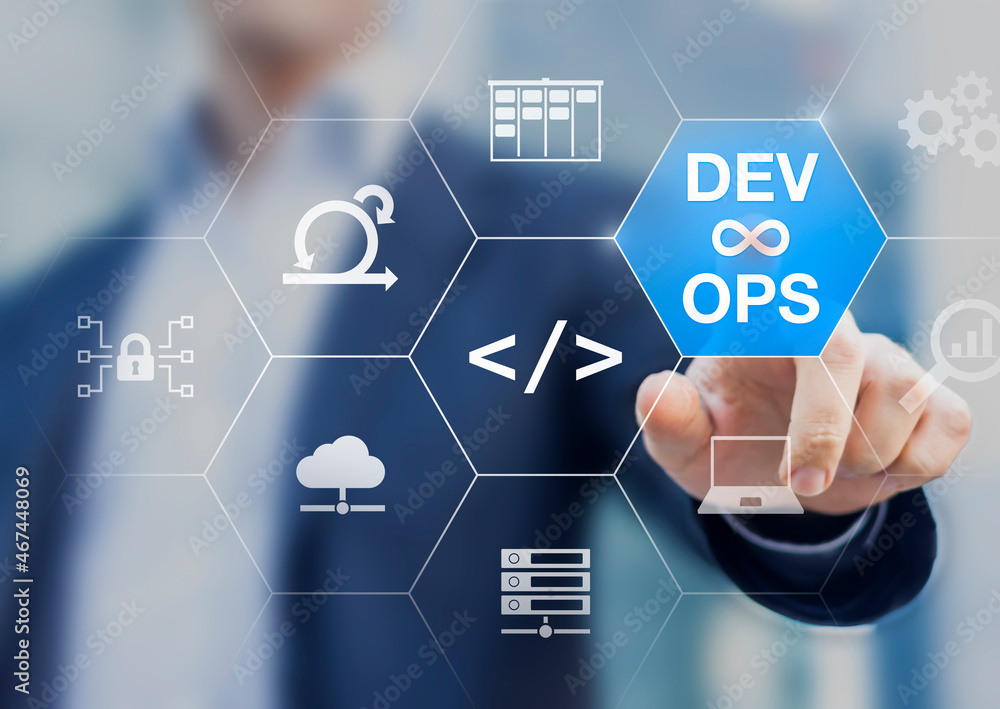 DevOps engineer working on software development and IT operations with icons of agile ...