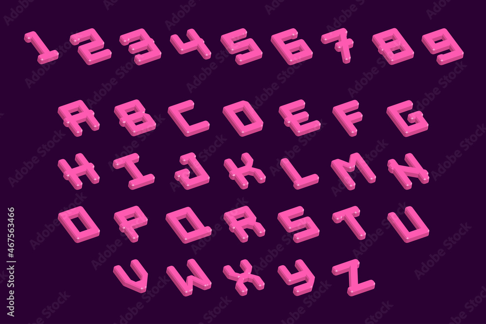 pink abstract 3d rendering, isometric characters and numbers. Isometry ...