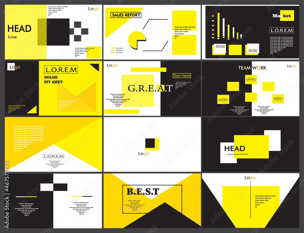 Powerpoint template in black and yellow colors. Interface, infographic ...