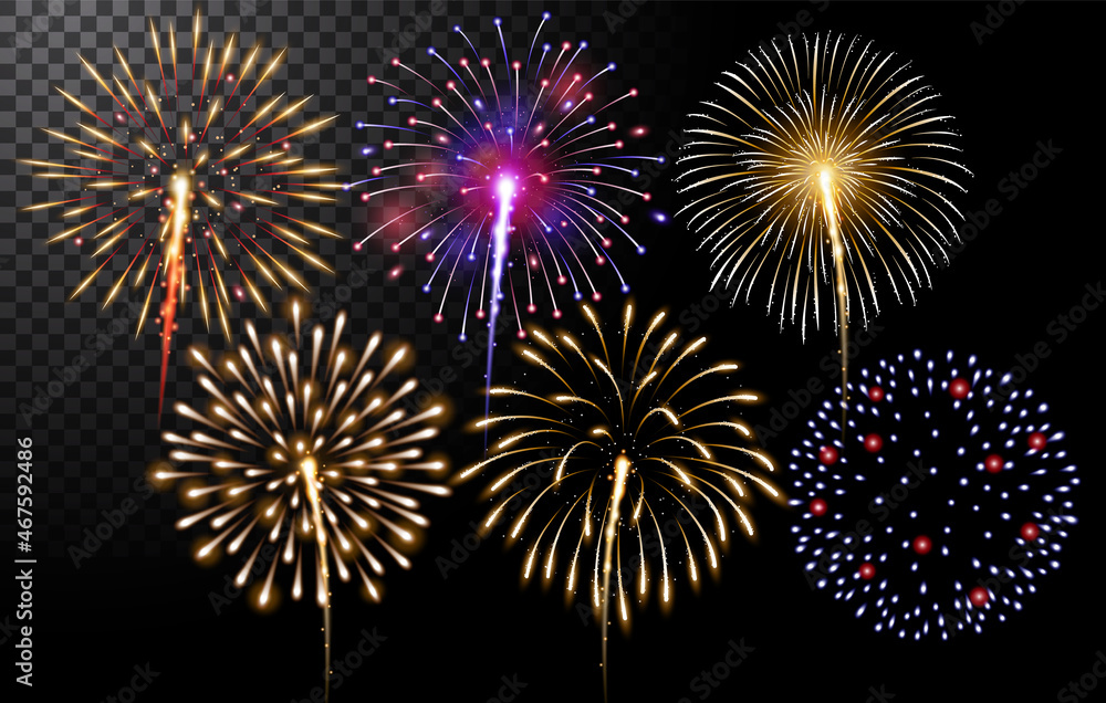 Set of various shapes sparkling firework on a transparent background ...