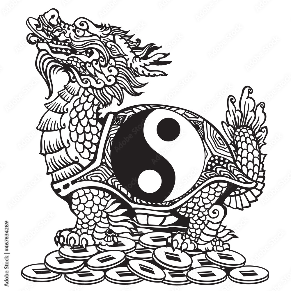 Dragon-headed Turtle or Tortoise sitting on a lot of coins ...