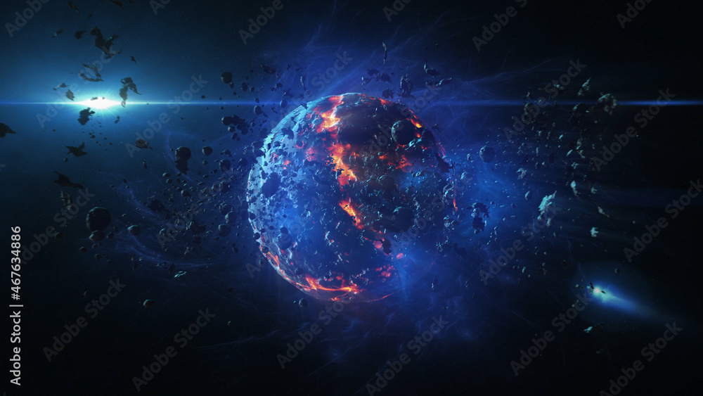 Destroyed planet in deep space with asteroids and sun flares Cinematic ...