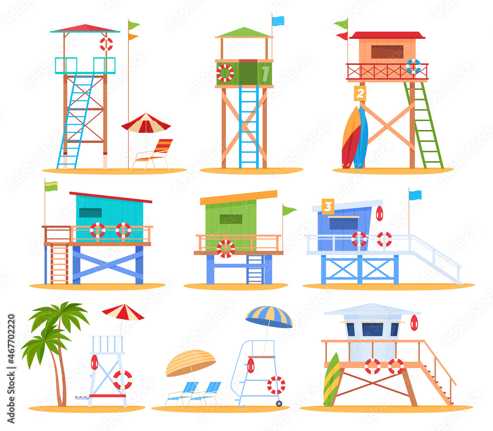Observation deck at beach with lifeguard tower set vector flat ...