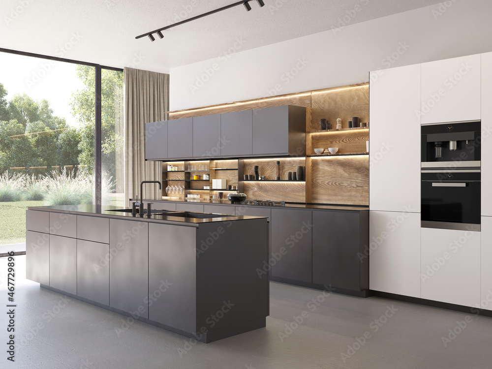 3d render of a modern contemporary minimalist kitchen with satin ...