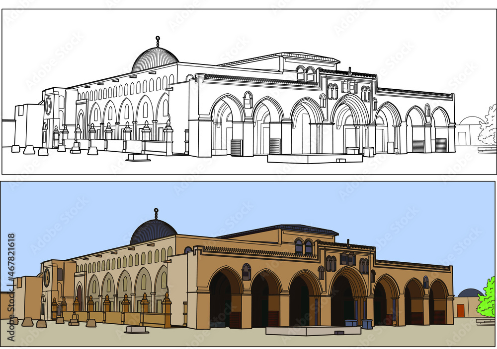 Palestin vector drawing, line art and coloured, al aqsa mosque Stock ...