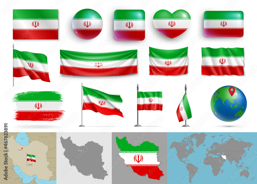 Vector de Stock Iran flags of various shapes and geographic map set ...