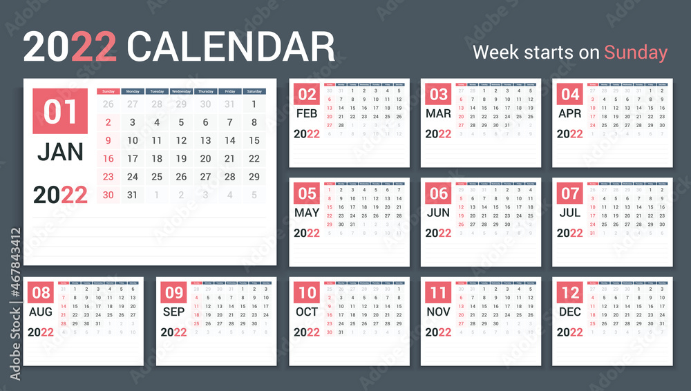 2022 Calendar template, planner, 12 pages, week starts on Sunday Stock ...