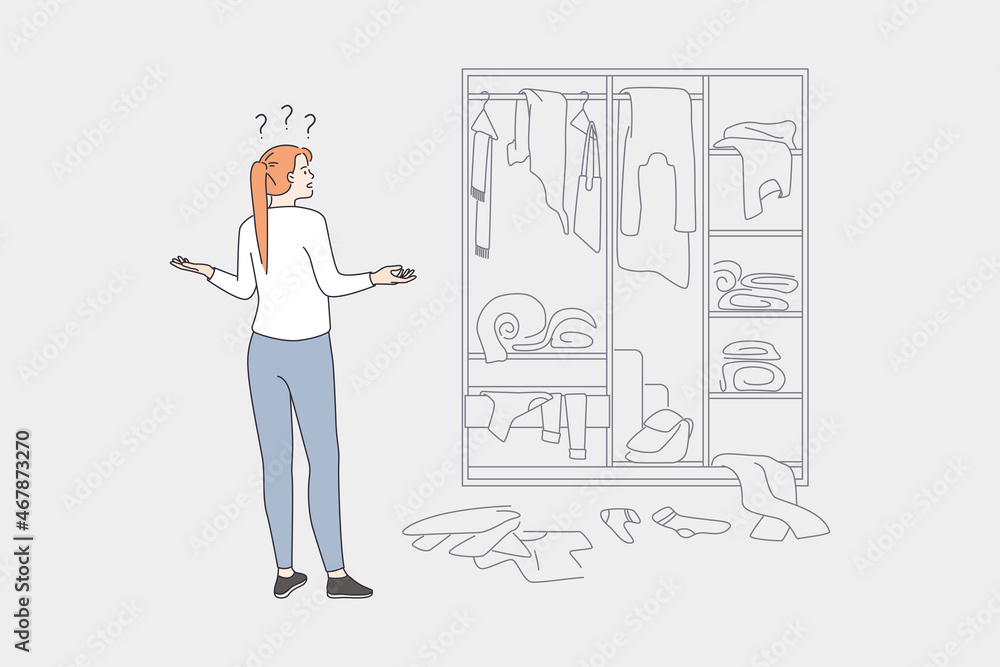 Difficult choice and wardrobe concept. Young frustrated woman cartoon ...