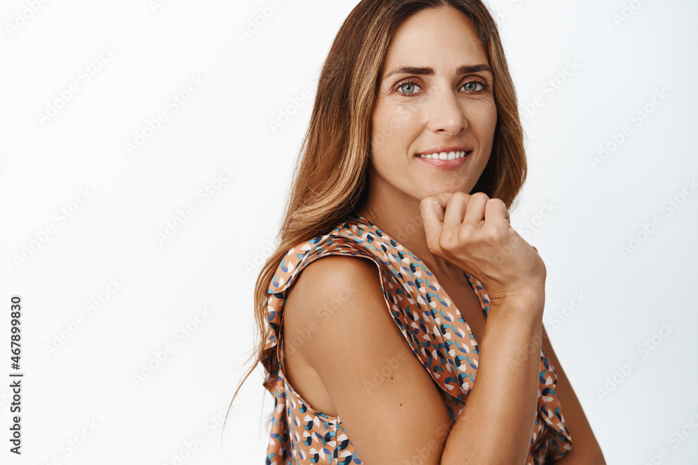 Stylish middle aged female model with perfect skin, beautiful eyes and ...