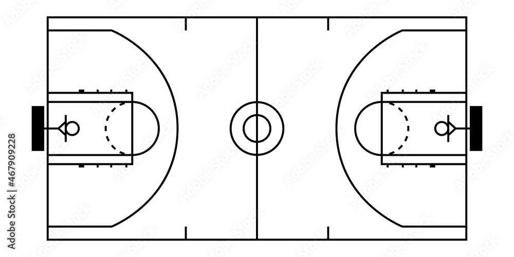 Top view basketball court black and white drawing image. Clipart image ...