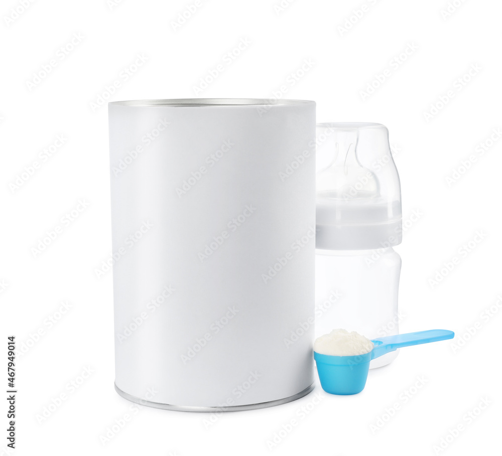 Blank can of powdered infant formula with feeding bottle and scoop ...