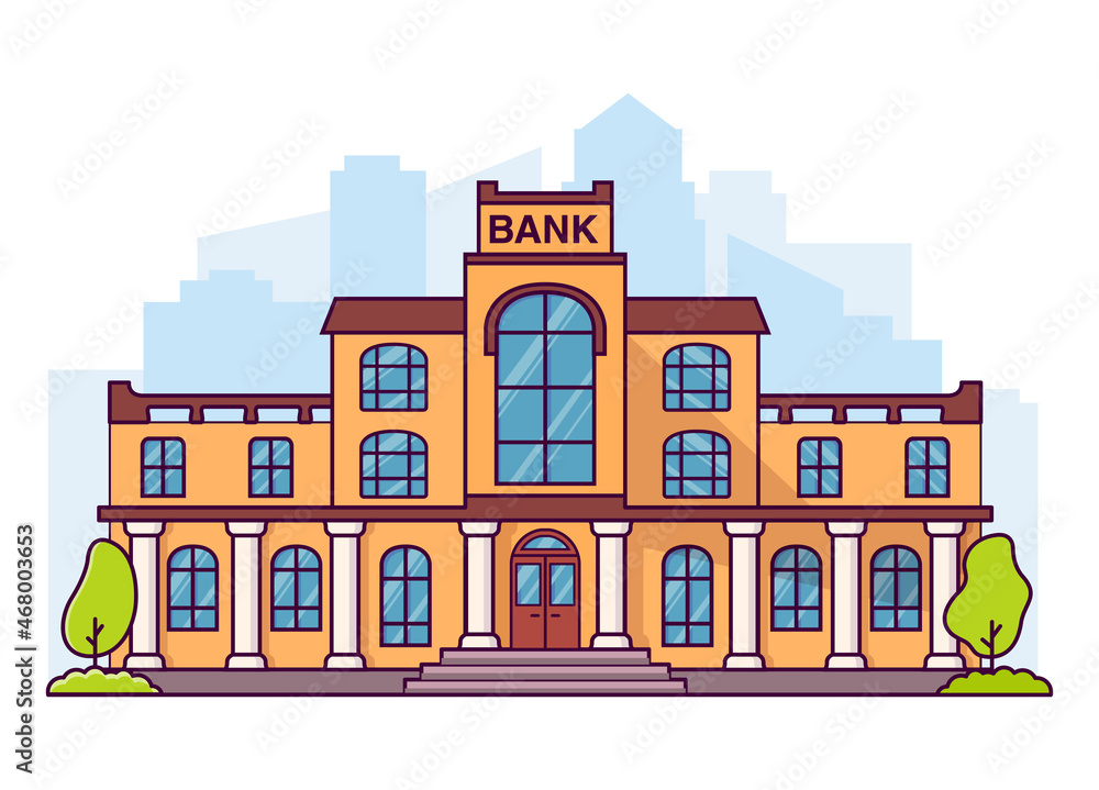 Bank building line art. Flat cartoon style vector illustration ...