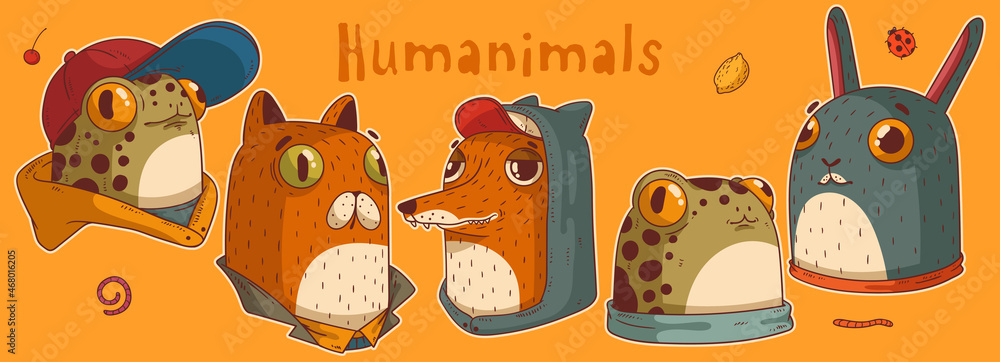 Funny portrait vector set of humanized animals. Cute isolated cartoon ...