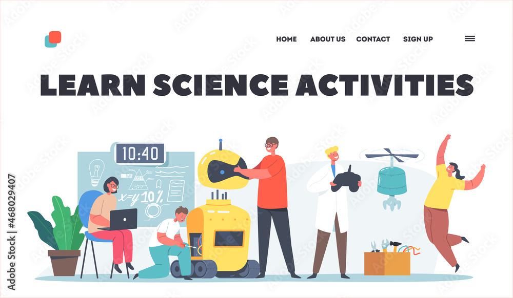 Kids Learn Science Activities Landing Page Template. Kids Programming and Creating Robots in ...