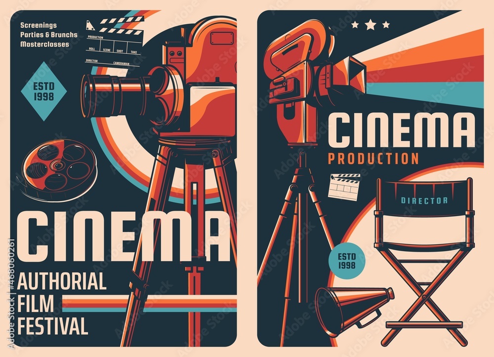 Cinema festival and movie production posters. Movie theatre screenings ...