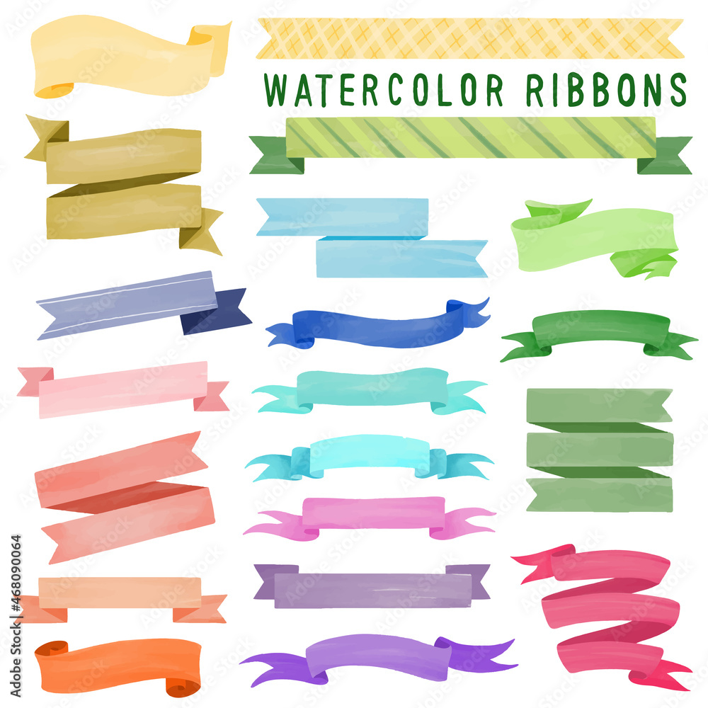 Set of watercolor painted Ribbon, Ribbon banner, Tag clipart. Hand ...