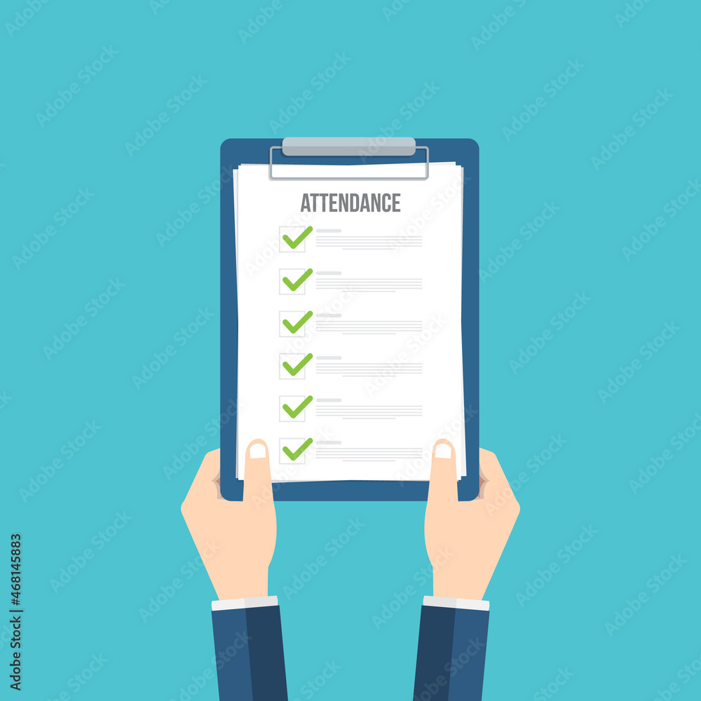 Man hold Attendance clipboard with checklist. Questionnaire, survey ...