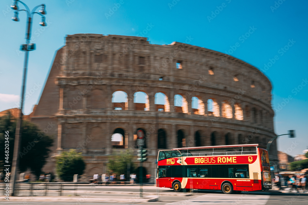 Rome, Italy. Colosseum. Red Hop On Hop Off Touristic Bus For ...