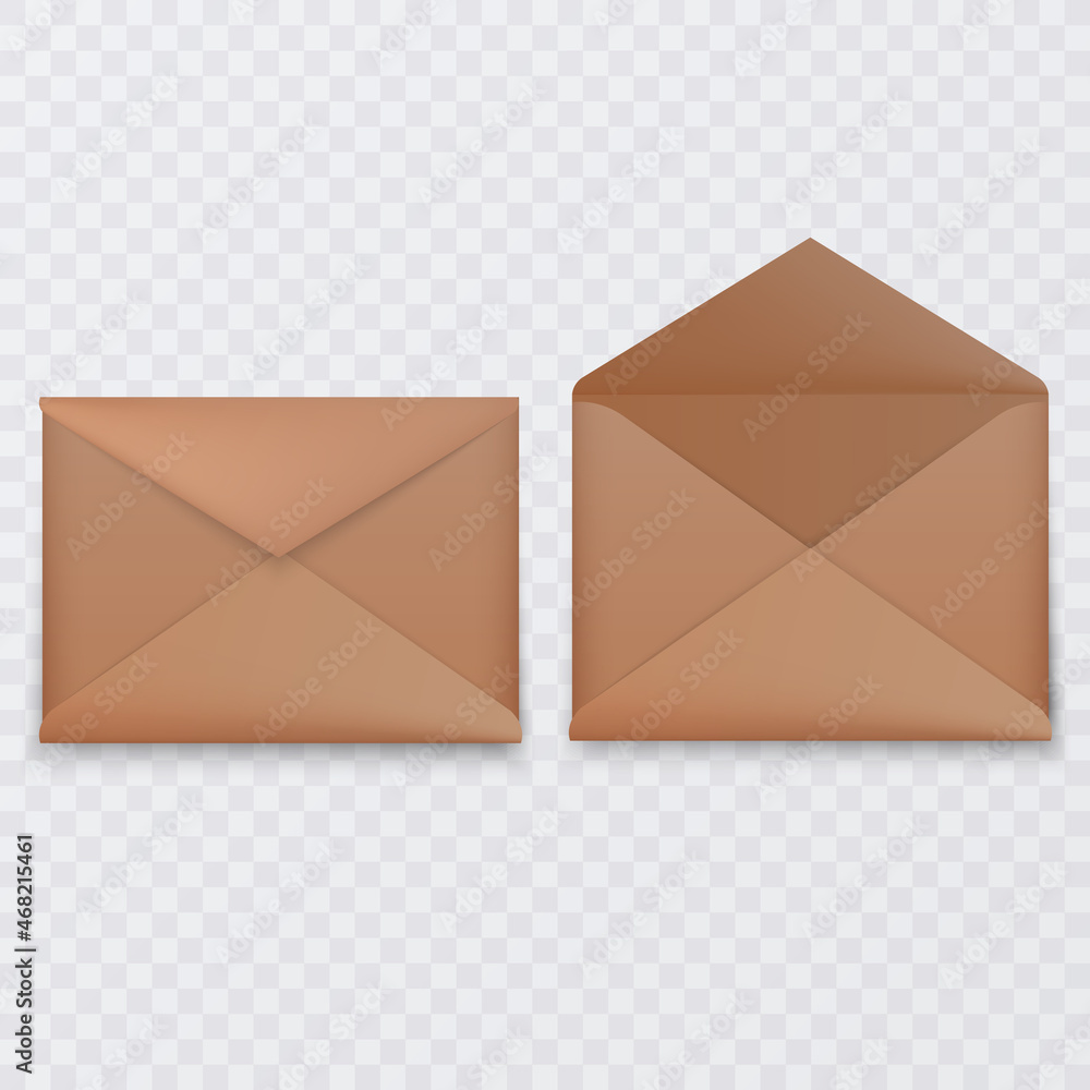 Set of realistic envelopes in different positions. Folded and unfolded envelope mockup isolated ...