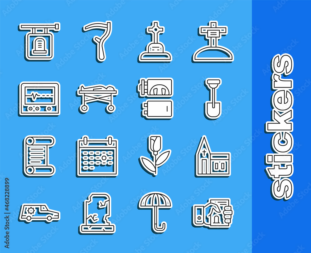 Set line Death certificate in hand, Church building, Shovel, Grave with ...