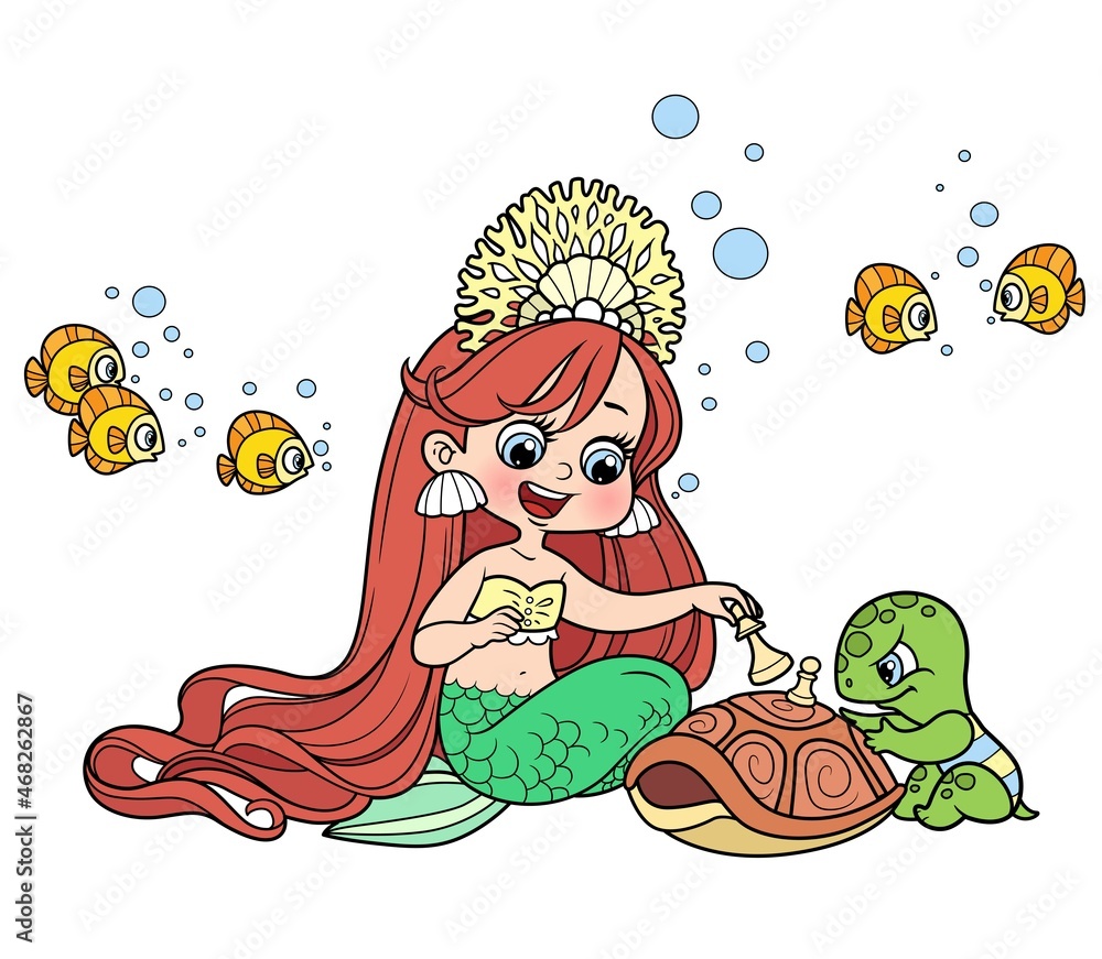 Cute little mermaid girl playing chess with a sea turtle color ...