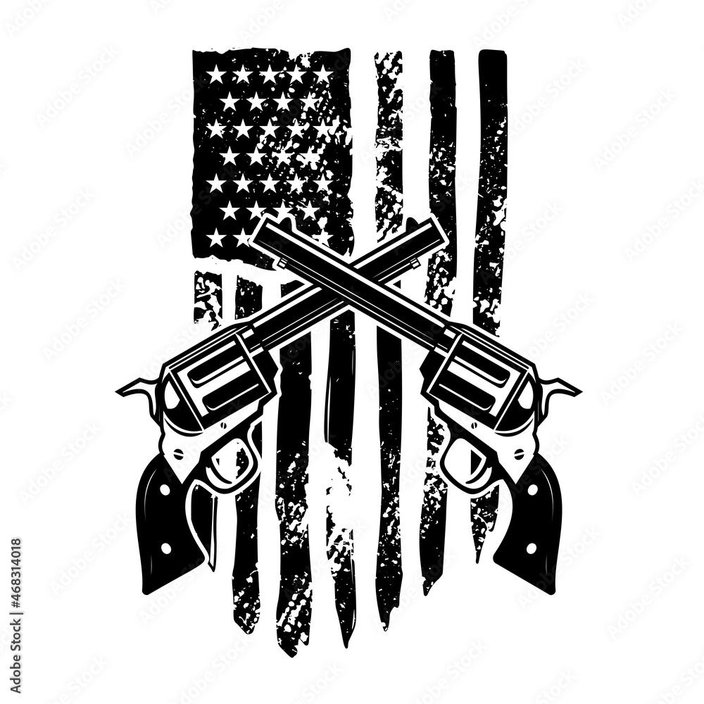 Crossed revolvers on american flag background. Design element for logo ...