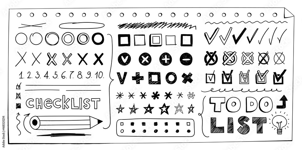 Hand-drawn check marks, asterisks, checkboxes. Set of doodle checklist ...
