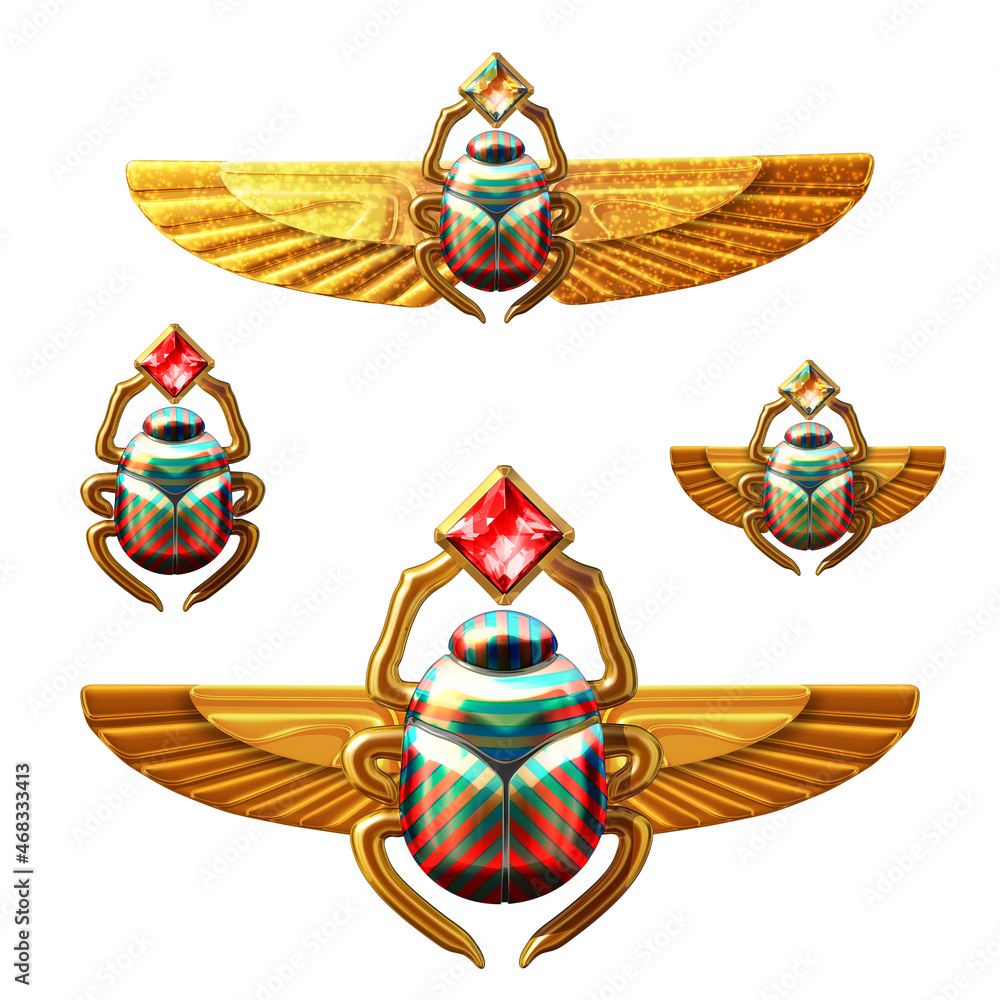 Representation of winged scarab beetles, symbol of rebirth and renewal ...