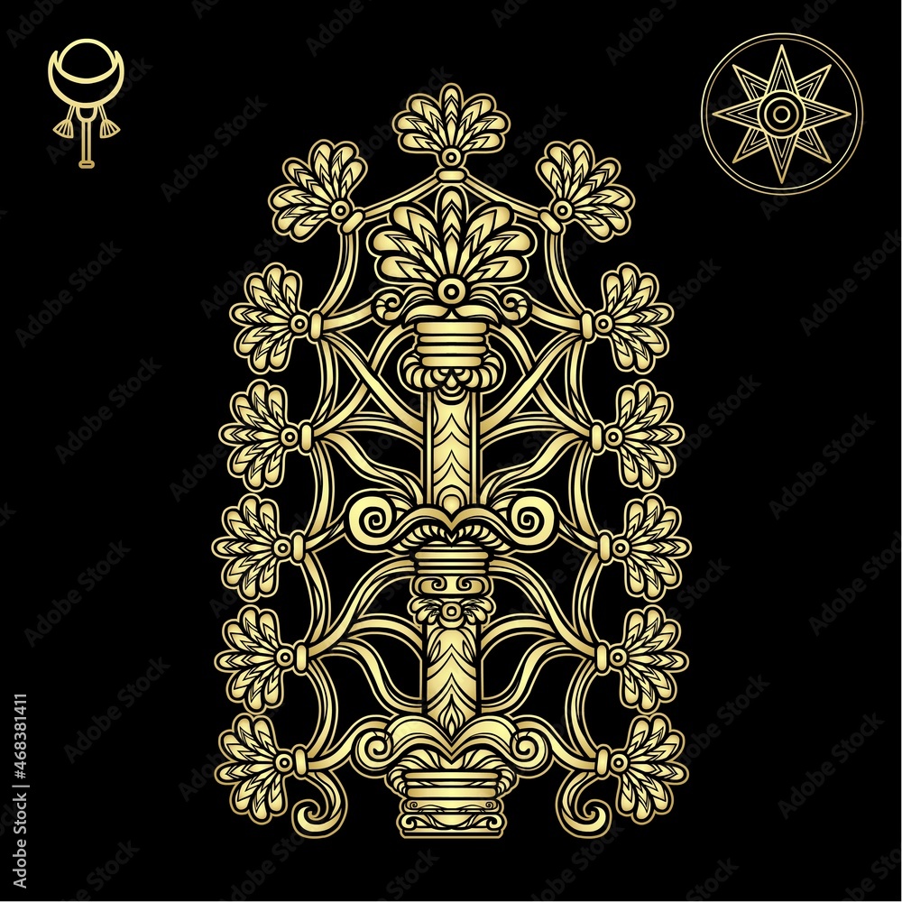 Cartoon drawing: ancient mystical tree, Sumerian mythology. Symbol of ...