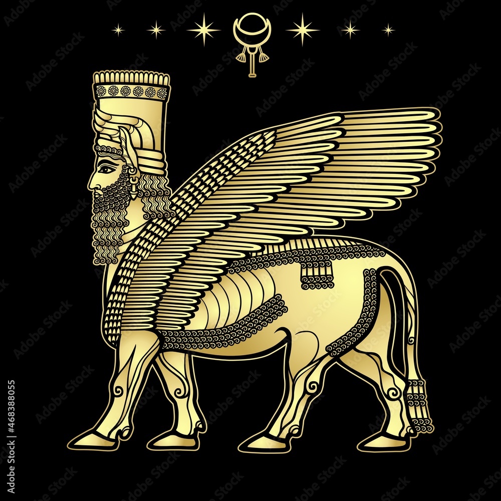 Animation drawing: image of the Assyrian mythical deity Shedu: a winged ...