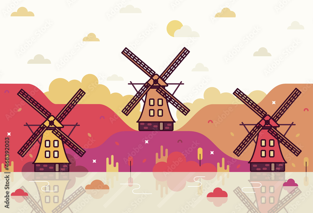 Vector de Stock Mills next to the river. Vector cartoon illustration in ...