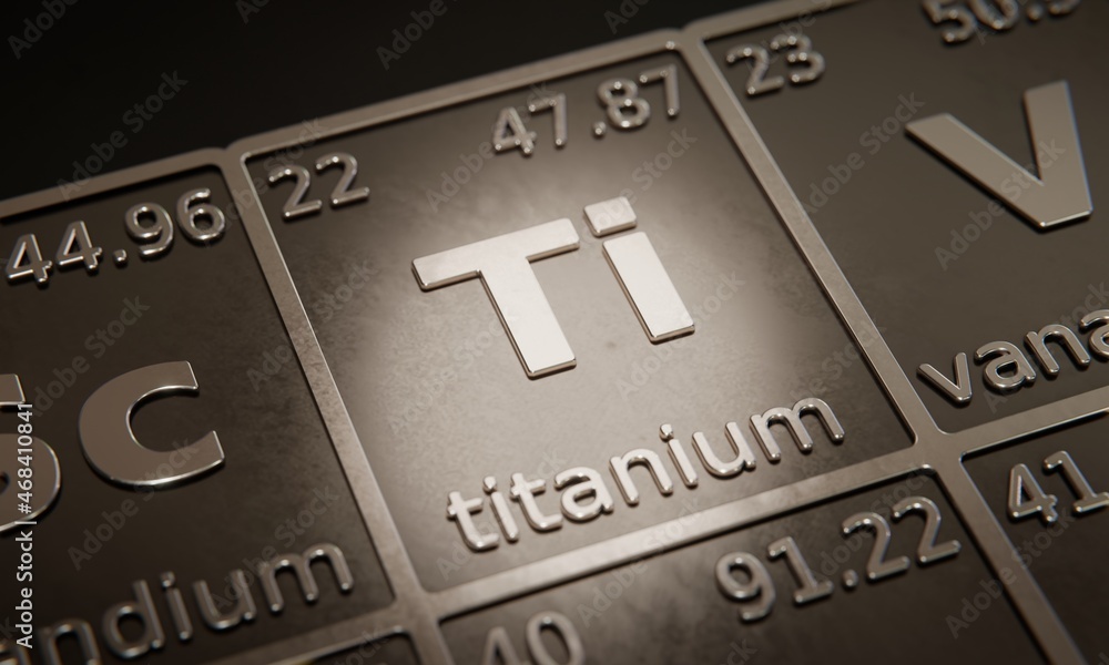 Highlight on chemical element Titanium in periodic table of elements. 3D rendering Stock ...